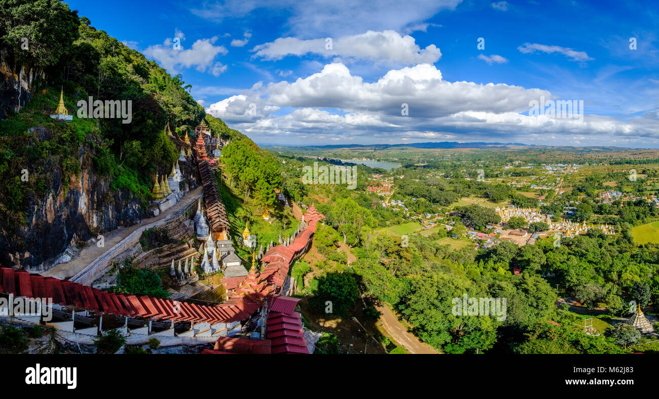 Aerial view on the small town of Pindaya from the entrance of the ...