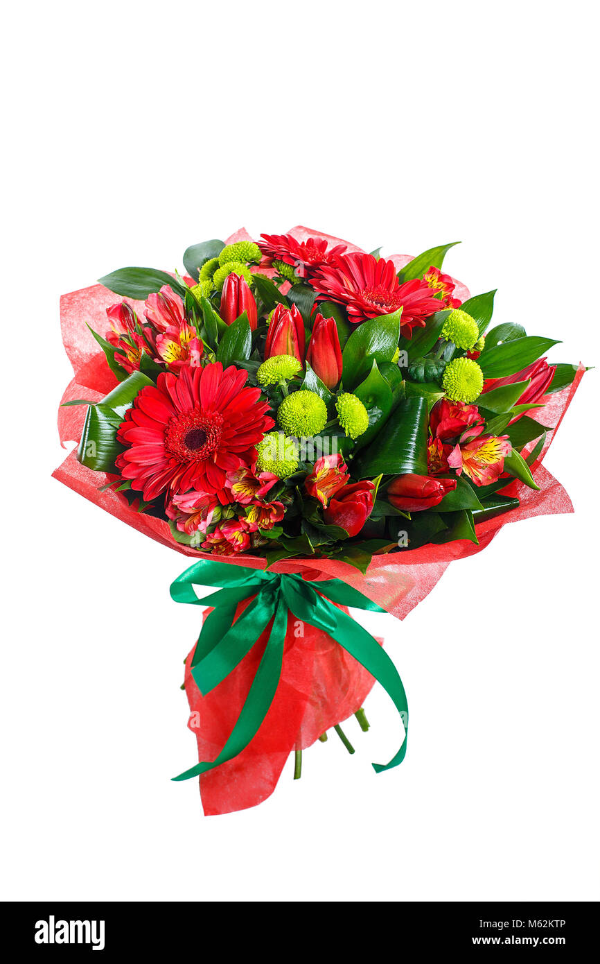 Bouquet of gerberas, tulips, bush chrysanthemums, Ruscus, alstroemeria ...