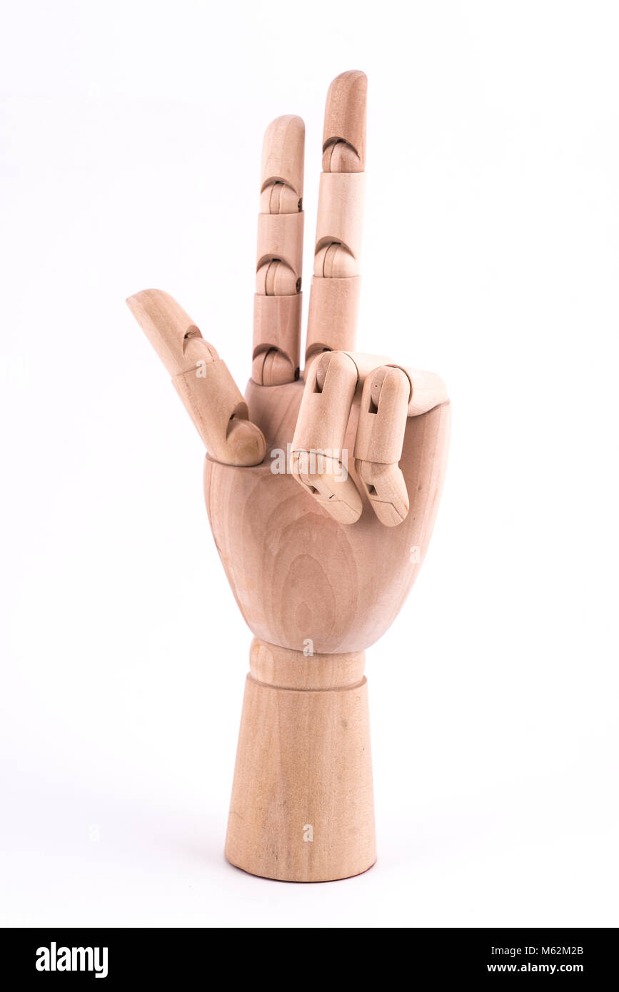 the gesture with a jointed wooden hand Stock Photo - Alamy