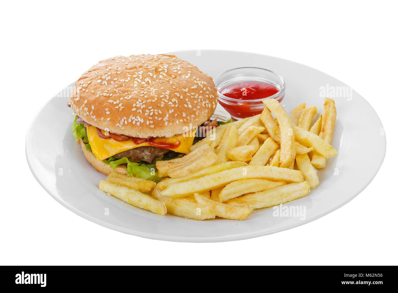 Burger with French fries and ketchup, barbecue sauce. Side view ...