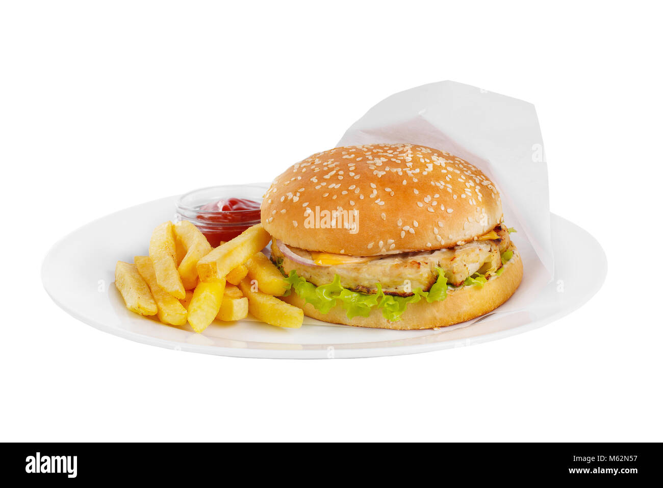Burger with French fries and ketchup, barbecue sauce. Side view ...