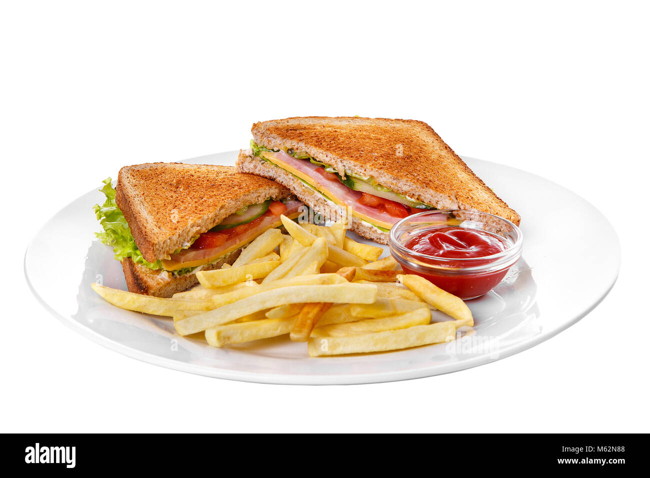 Sandwich with French fries and ketchup, barbecue sauce. Side view ...