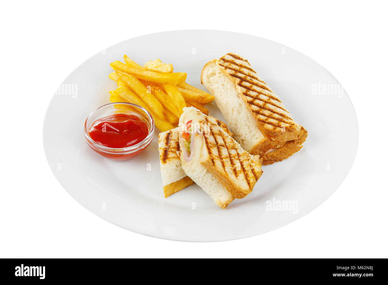Sandwich with French fries and ketchup, barbecue sauce. Side view ...