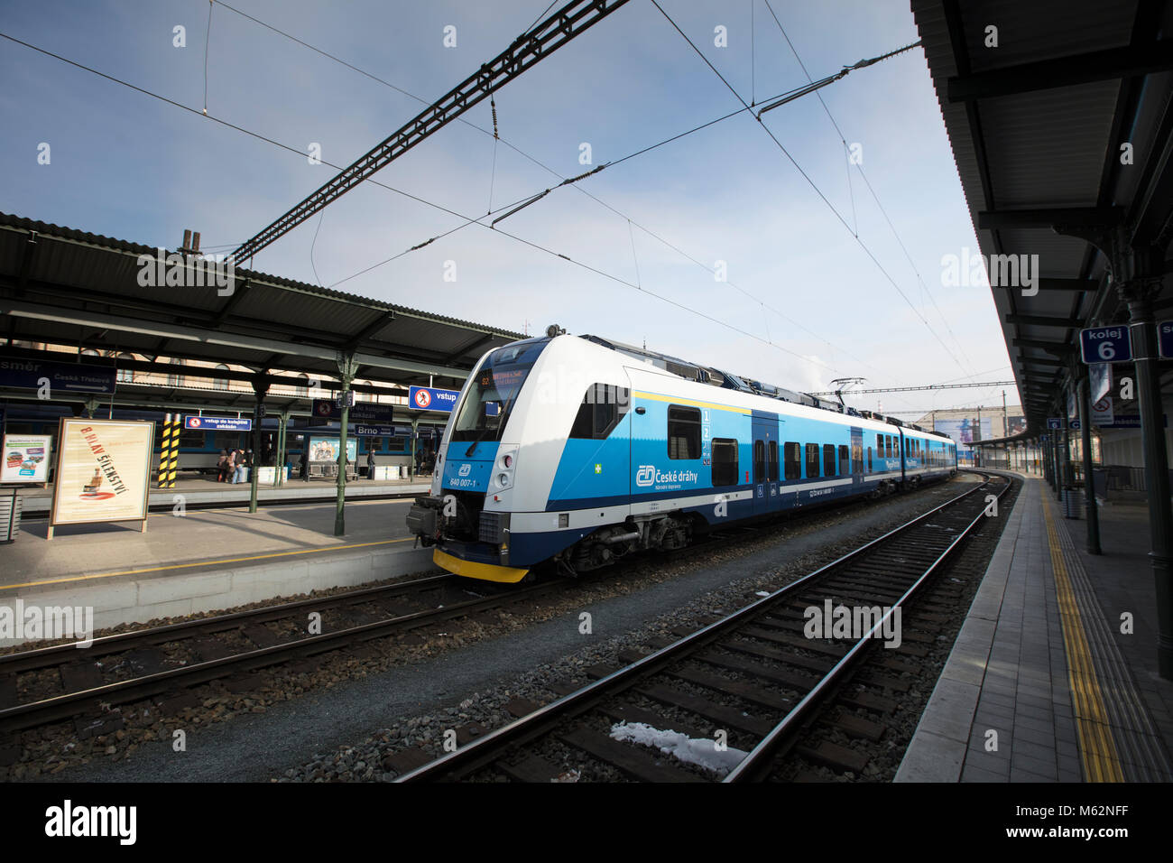 A train with Brno cathedral in the background at Brno Station, Czech ...