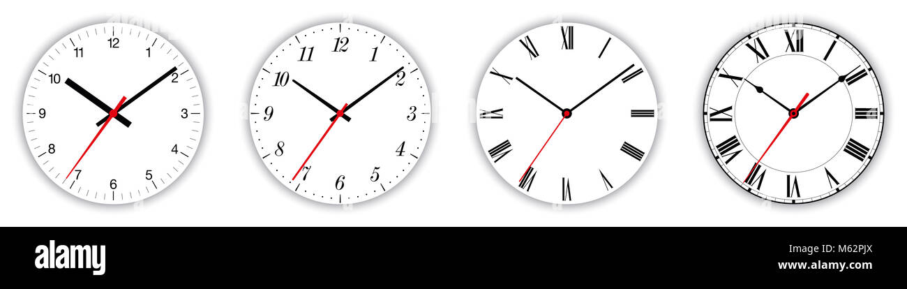 Four different clock faces over white, with regular, italic and fraktur ...