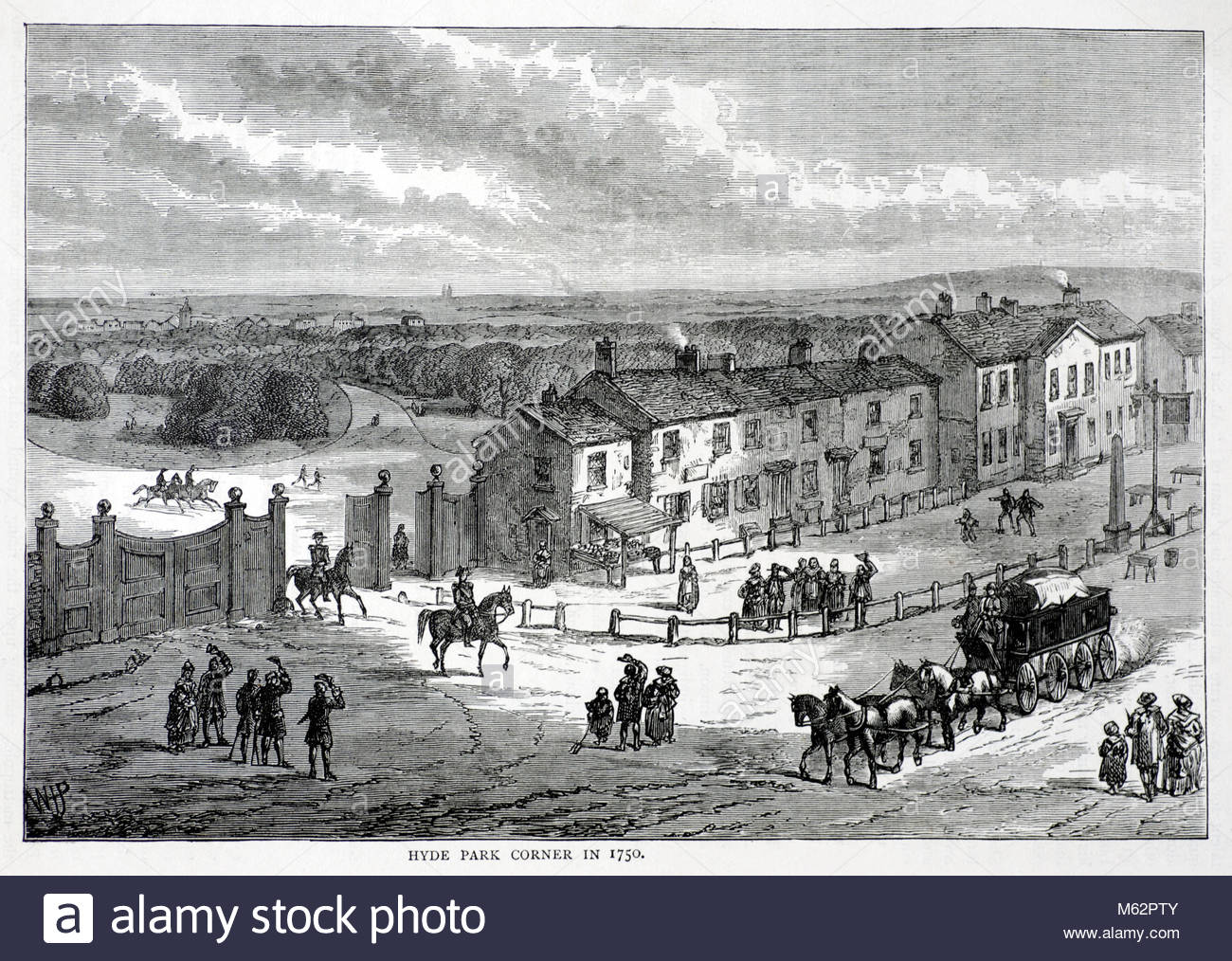 Hyde Park Corner, London 1750, antique engraving from 1875 Stock Photo ...