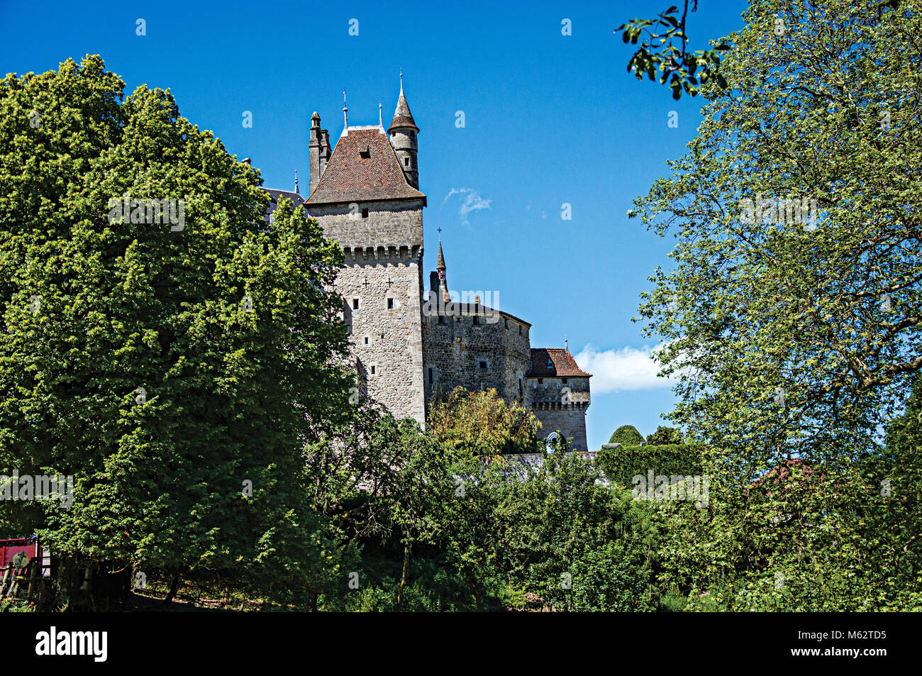 Castle of Menthon-Saint-Bernard with trees and blue sky, near the Lake ...