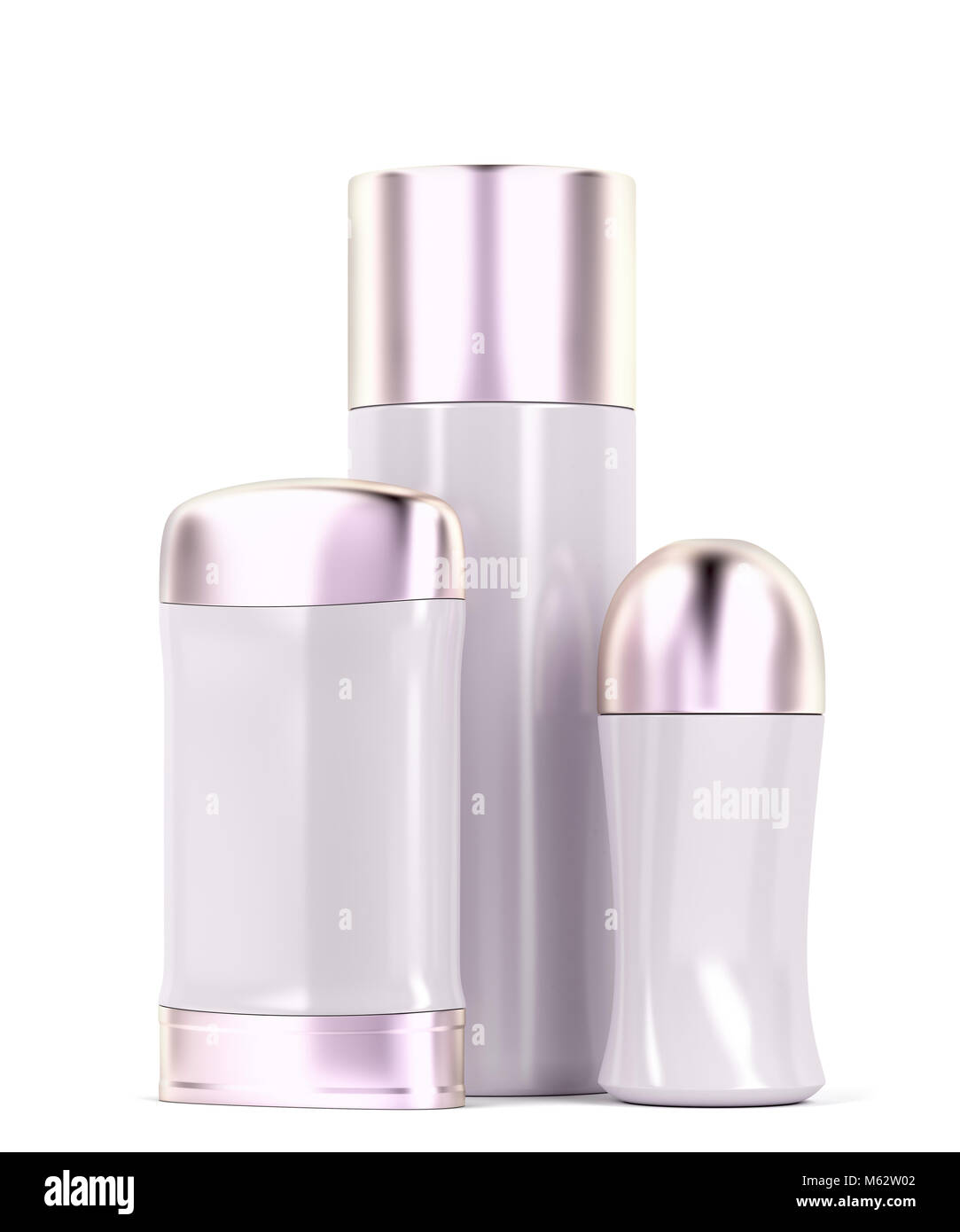 Roll-on, body spray and stick antiperspirant deodorants on white ...