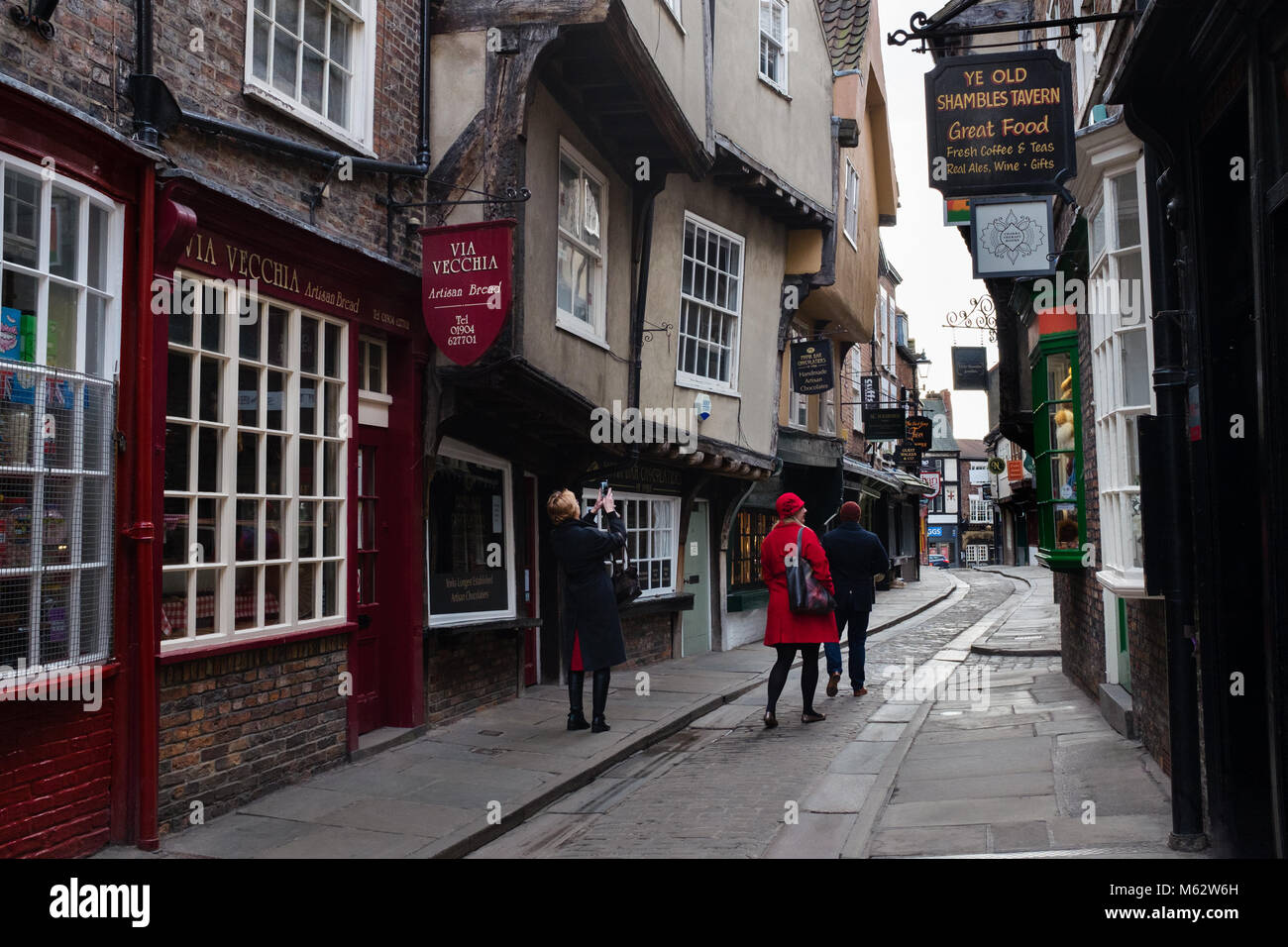 Medieval street in York with people walking, North Yorkshire, UK Stock ...