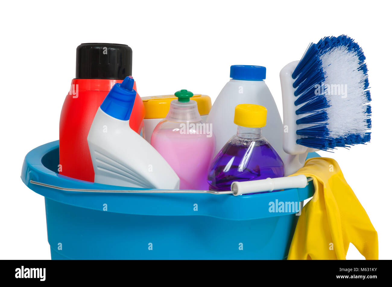 Variety of cleaning products in a bucket Stock Photo - Alamy