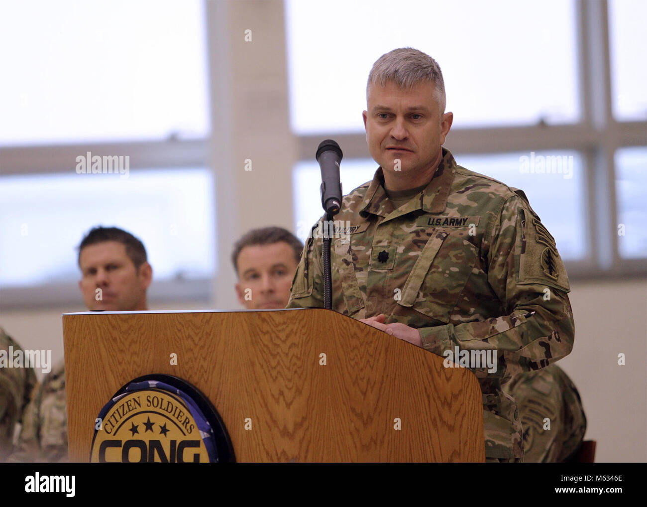 The battalion commander, Lt. Col. Joseph Bauldry, speaks at a Valor ...