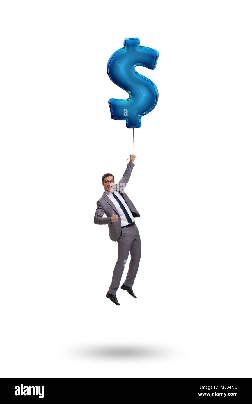Businessman flying on dollar sign inflatable balloon Stock Photo - Alamy