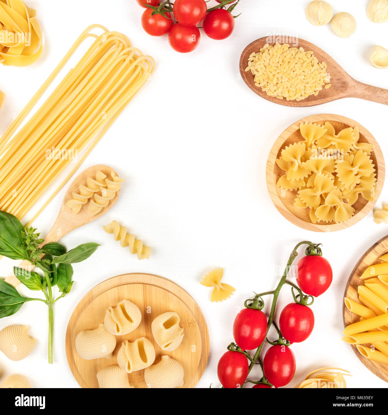 Overhead square photo of different types of pasta on white, forming ...