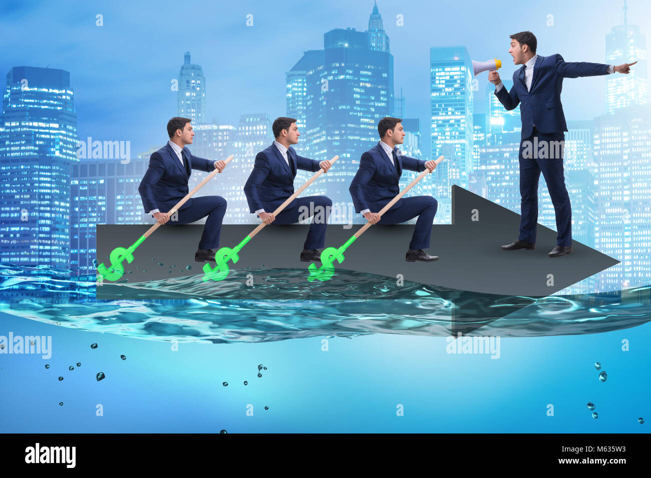 Teamwork concept with businessmen on boat Stock Photo - Alamy