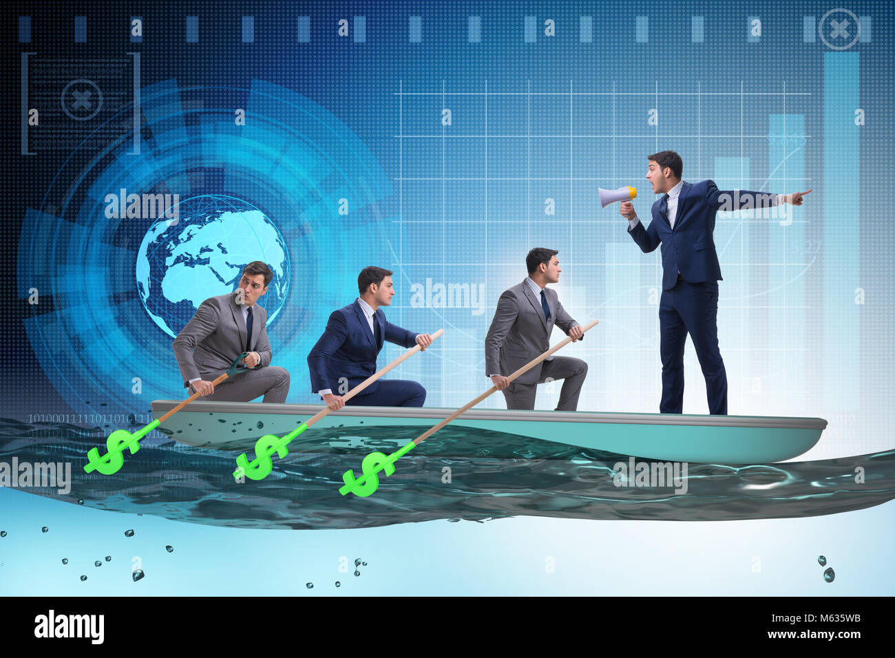Team of businessmen in teamwork concept with boat Stock Photo - Alamy