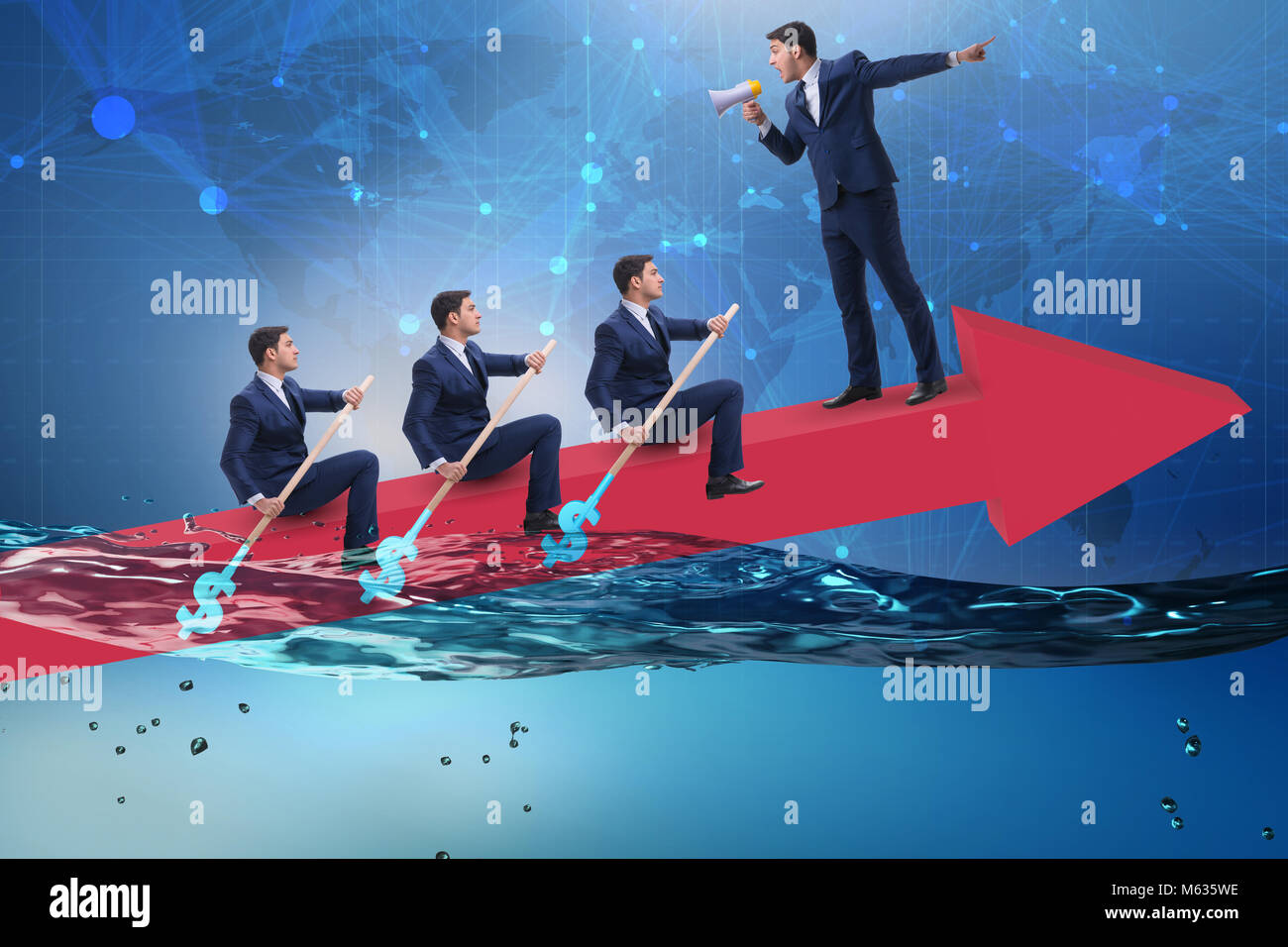Teamwork concept with businessmen on boat Stock Photo - Alamy