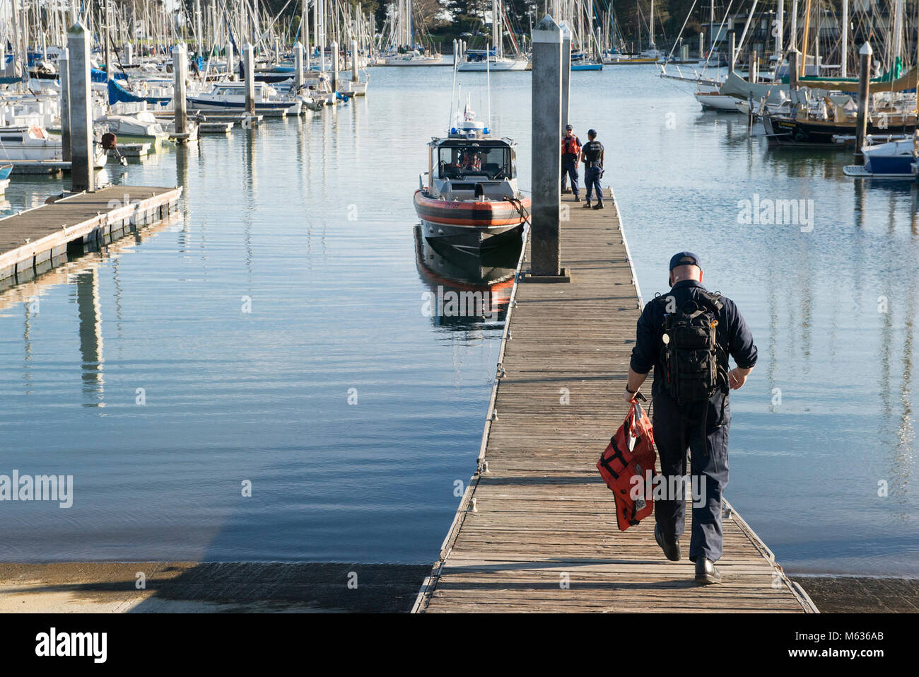 A boat crew from Coast Guard Station San Francisco prepares to return ...