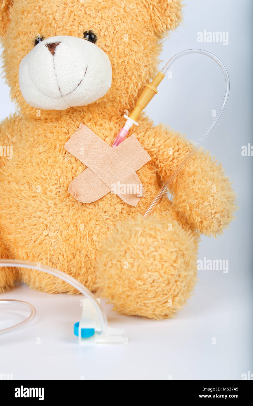 Plush teddy bear with blood transfusion system. Closeup Stock Photo - Alamy