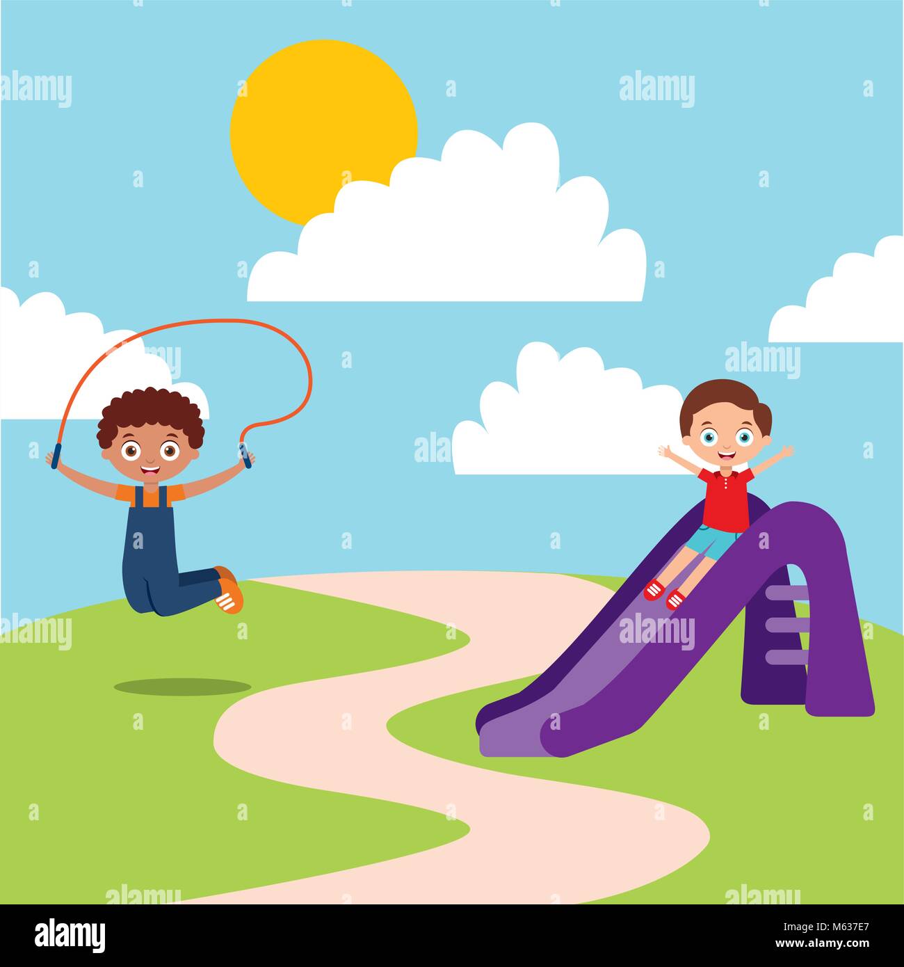 cute happy little kids playing slide jump rope playground Stock Vector ...