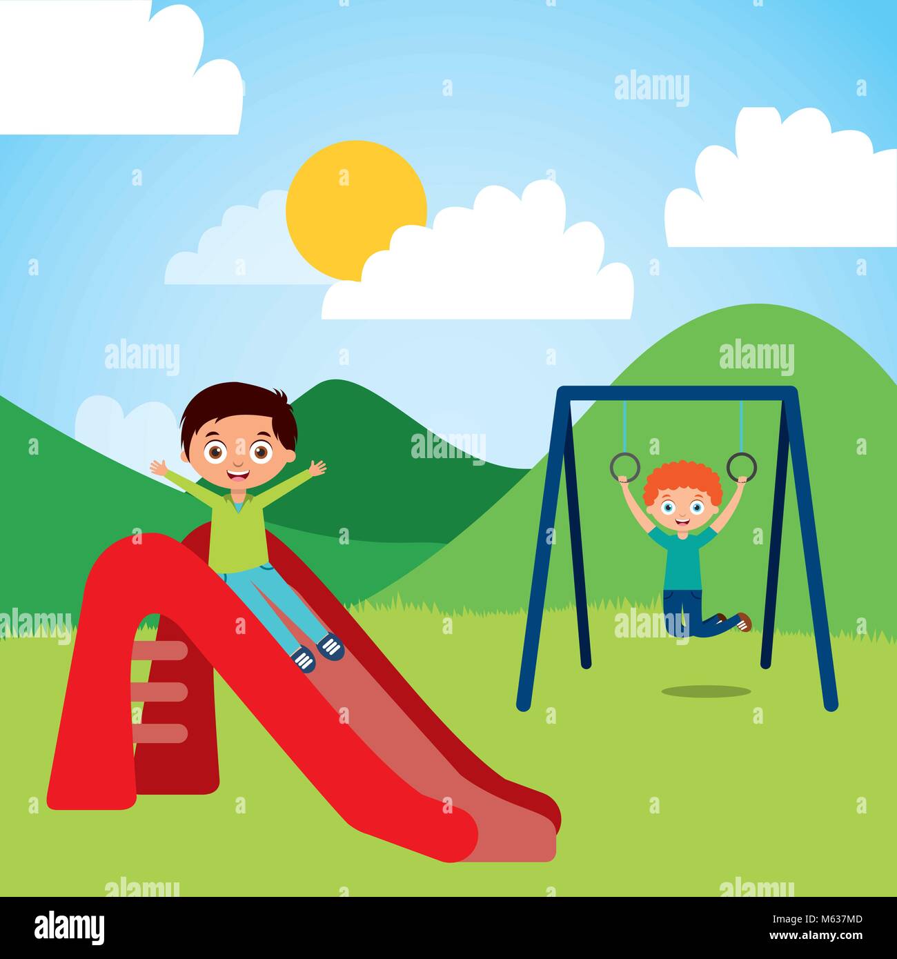 cute happy little kids playing slide jump rope playground Stock Vector ...