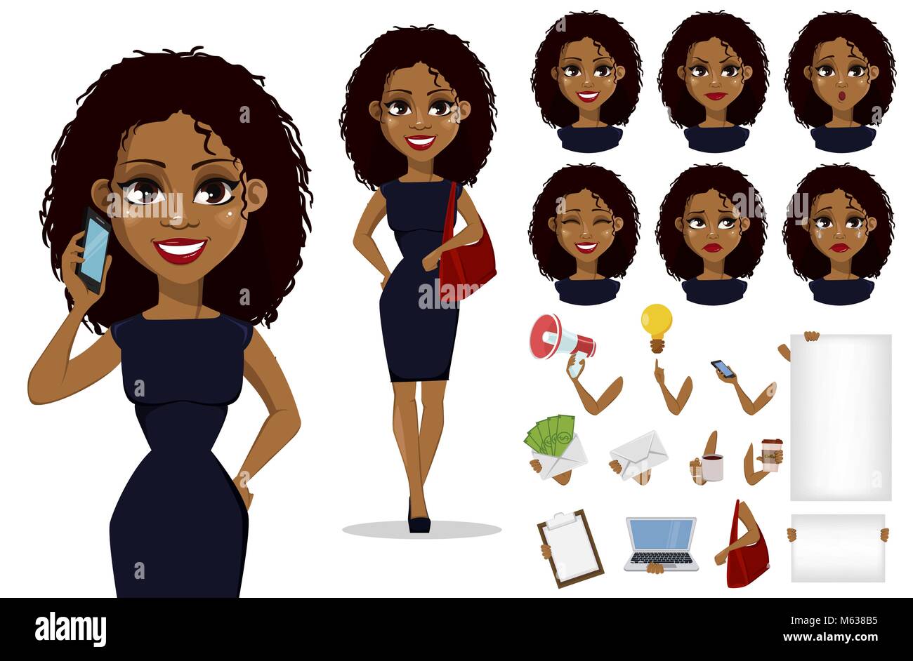 Pack of body parts and emotions. African American business woman ...