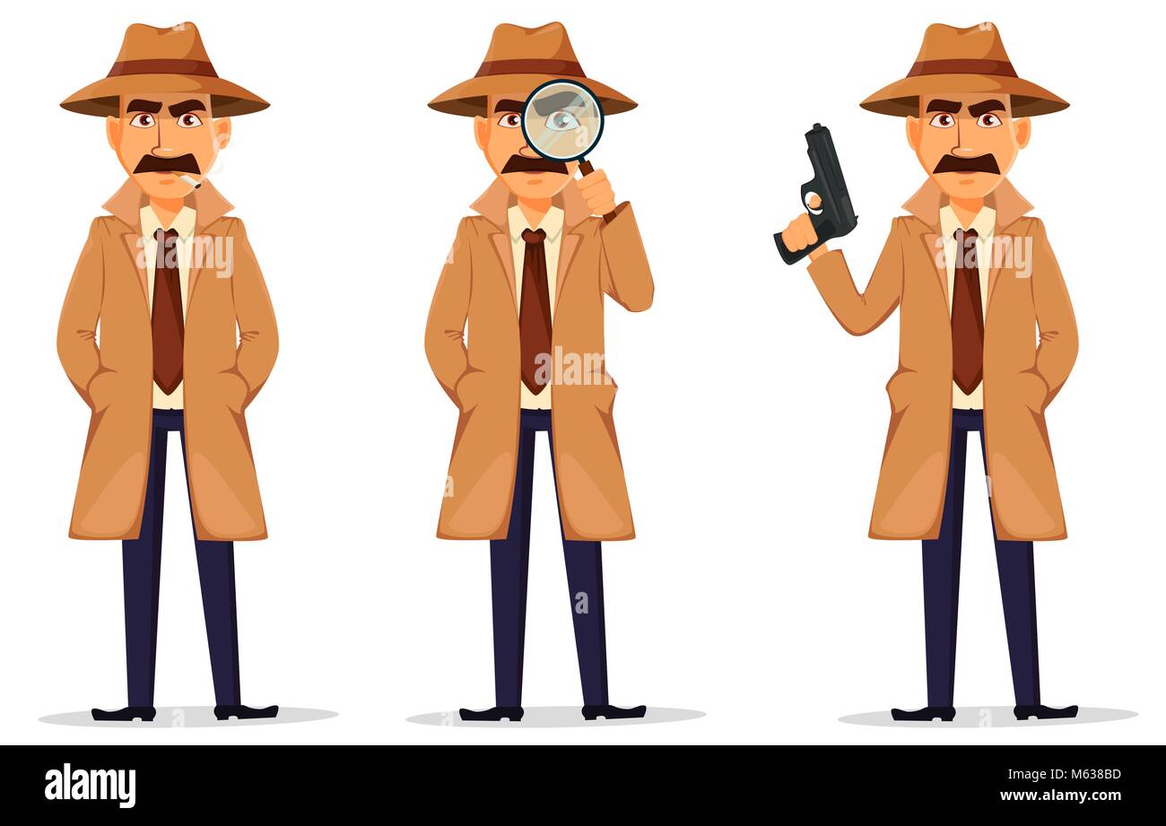 Detective in hat and coat. Set of handsome cartoon character with ...