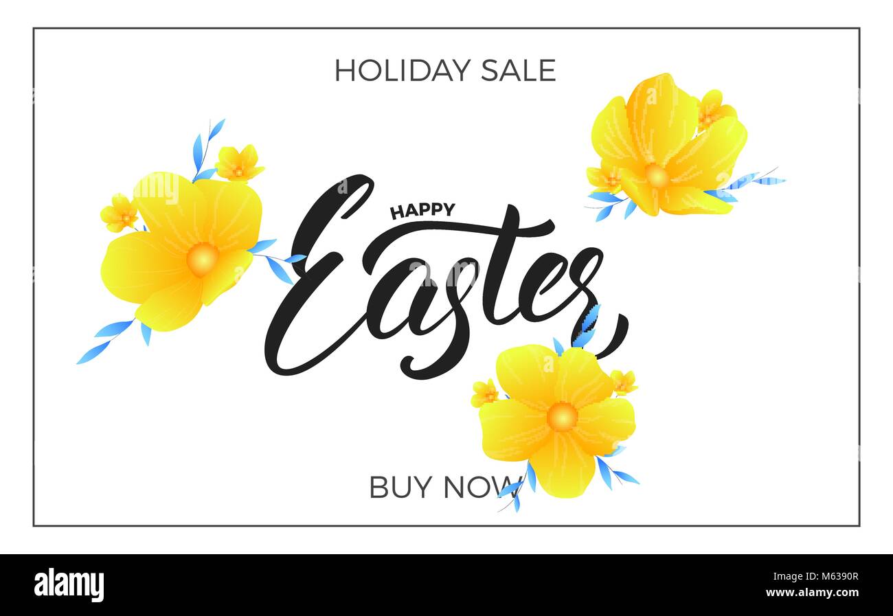 Easter. Sale banner background with trendy spring flowers and Happy ...