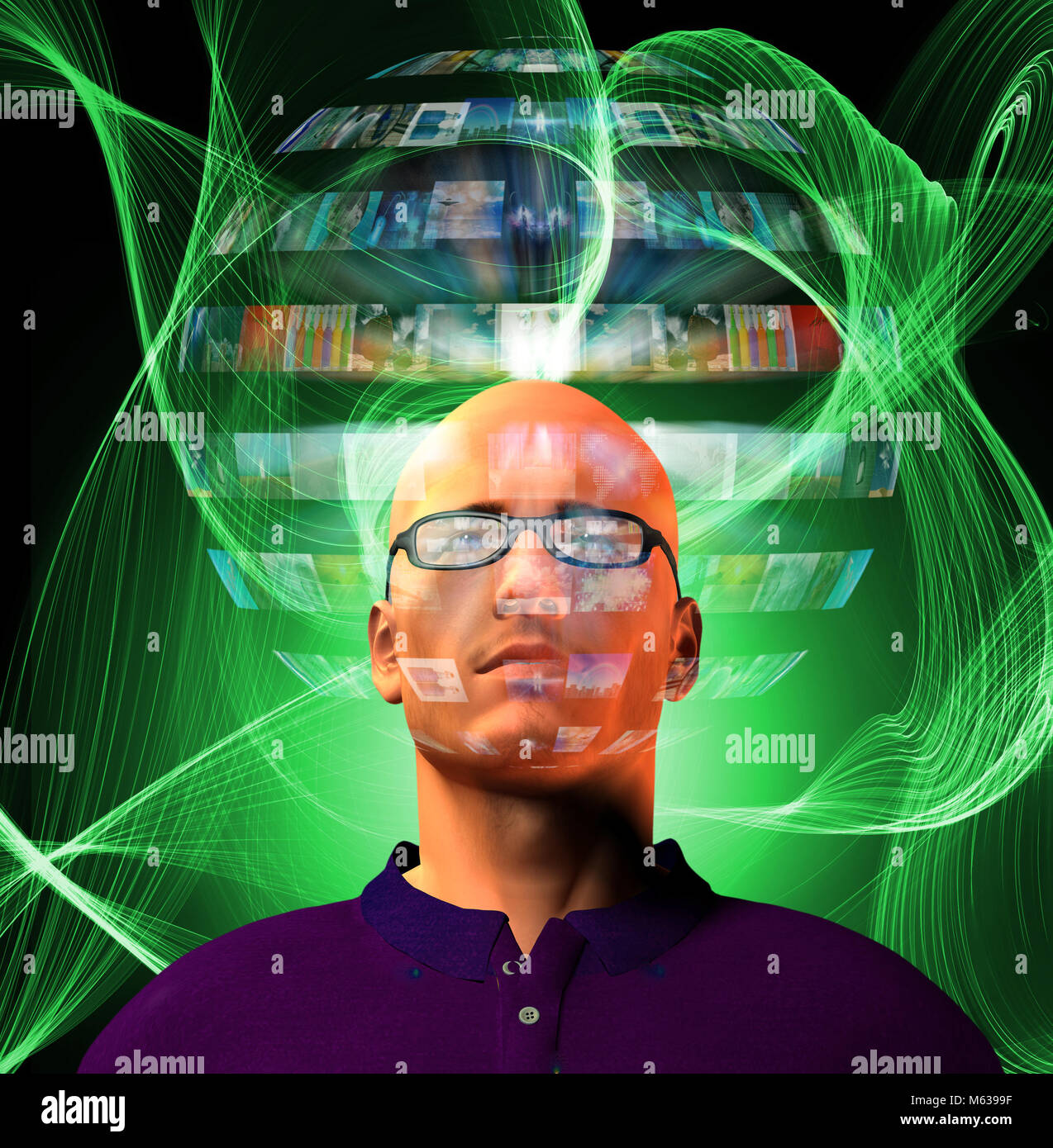 Man views video sphere surrounding his head Stock Photo - Alamy