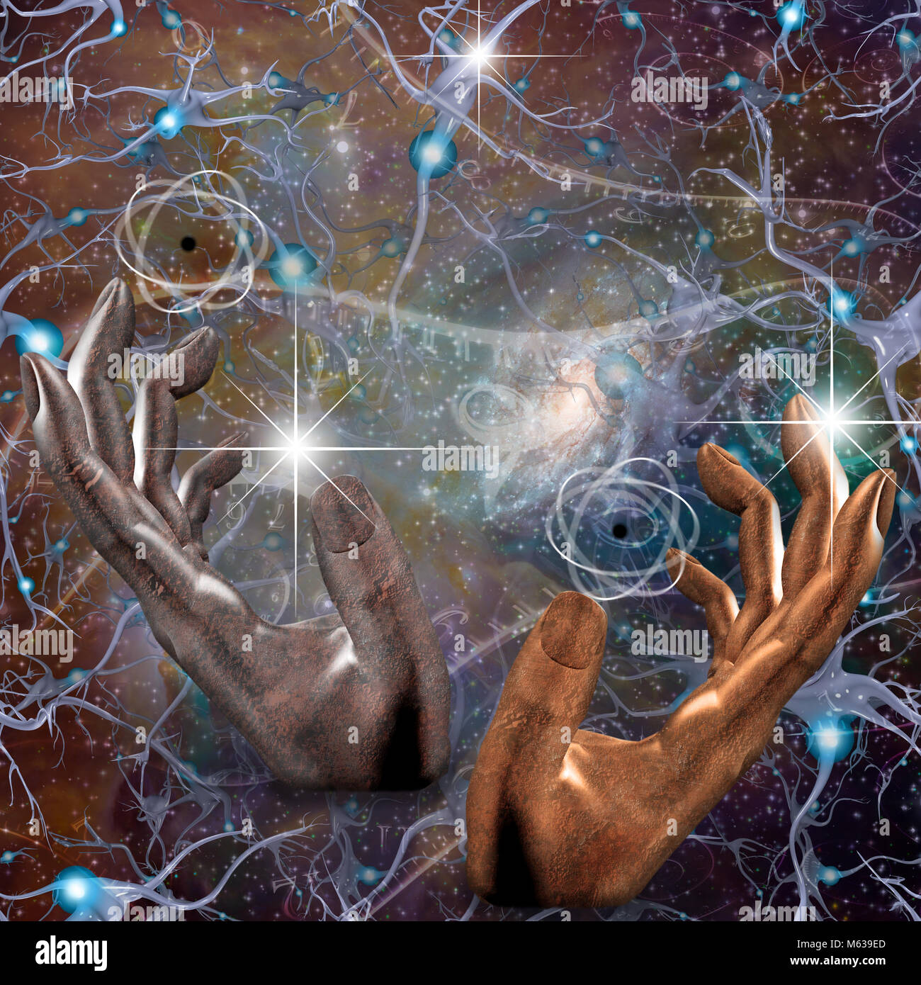 Surreal painting. Hands of prayer. Universe Stock Photo - Alamy