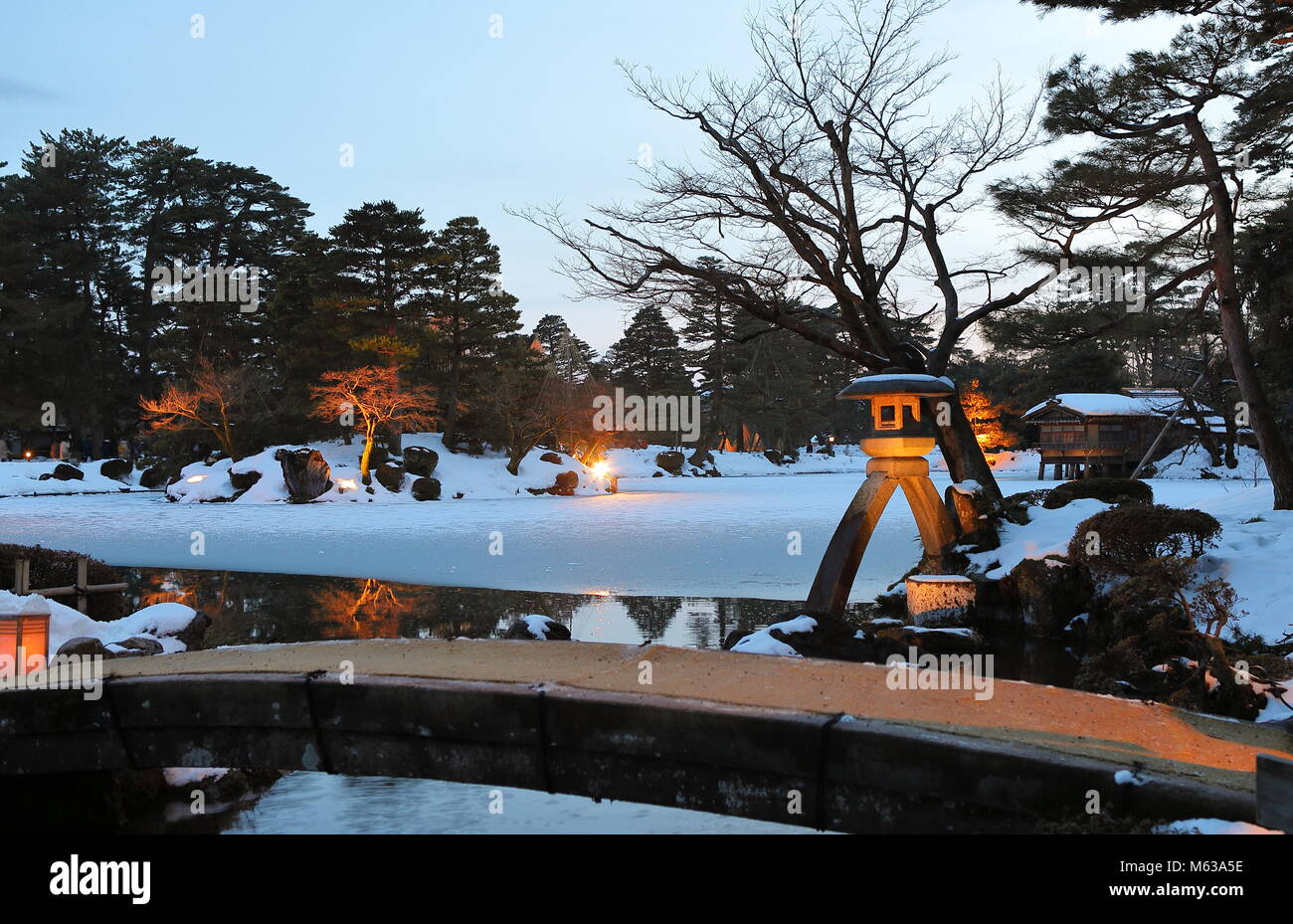 Traditional Kenrokuen Japanese garden winter snowscape Kanazawa Japan ...