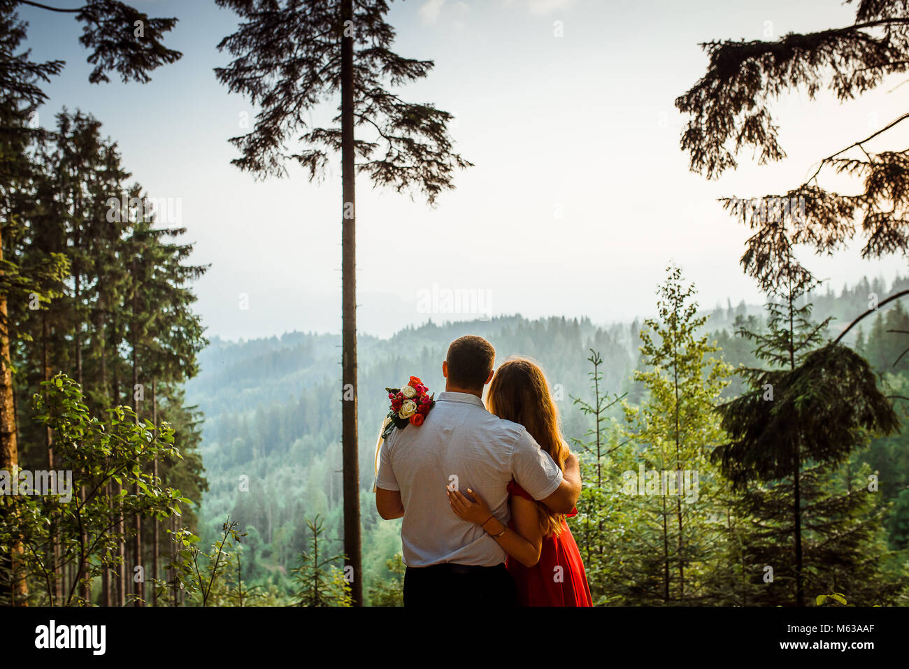 Close-up back view of the pretty hugging couple enjoying the sunset in ...