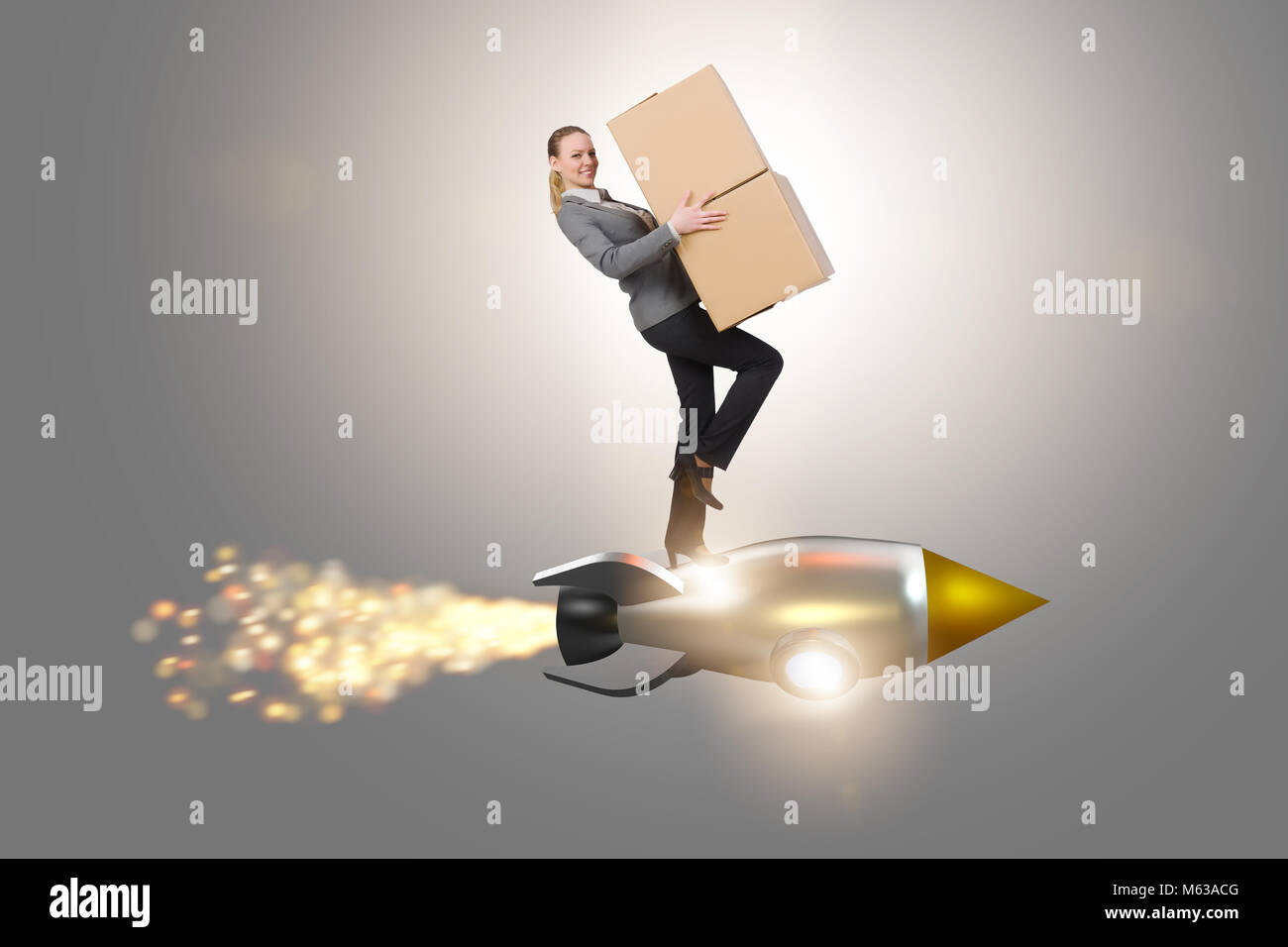 Woman flying rocket and delivering boxes Stock Photo - Alamy