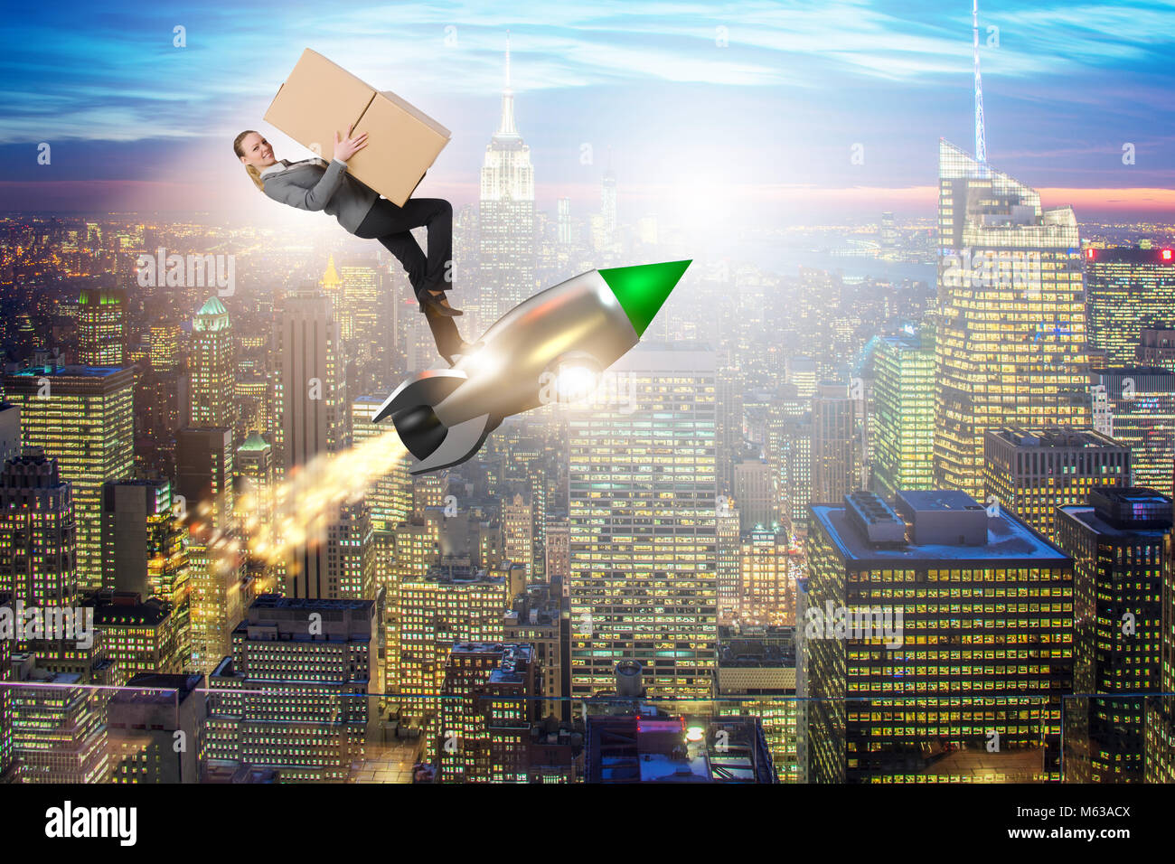 Woman flying rocket and delivering boxes Stock Photo - Alamy