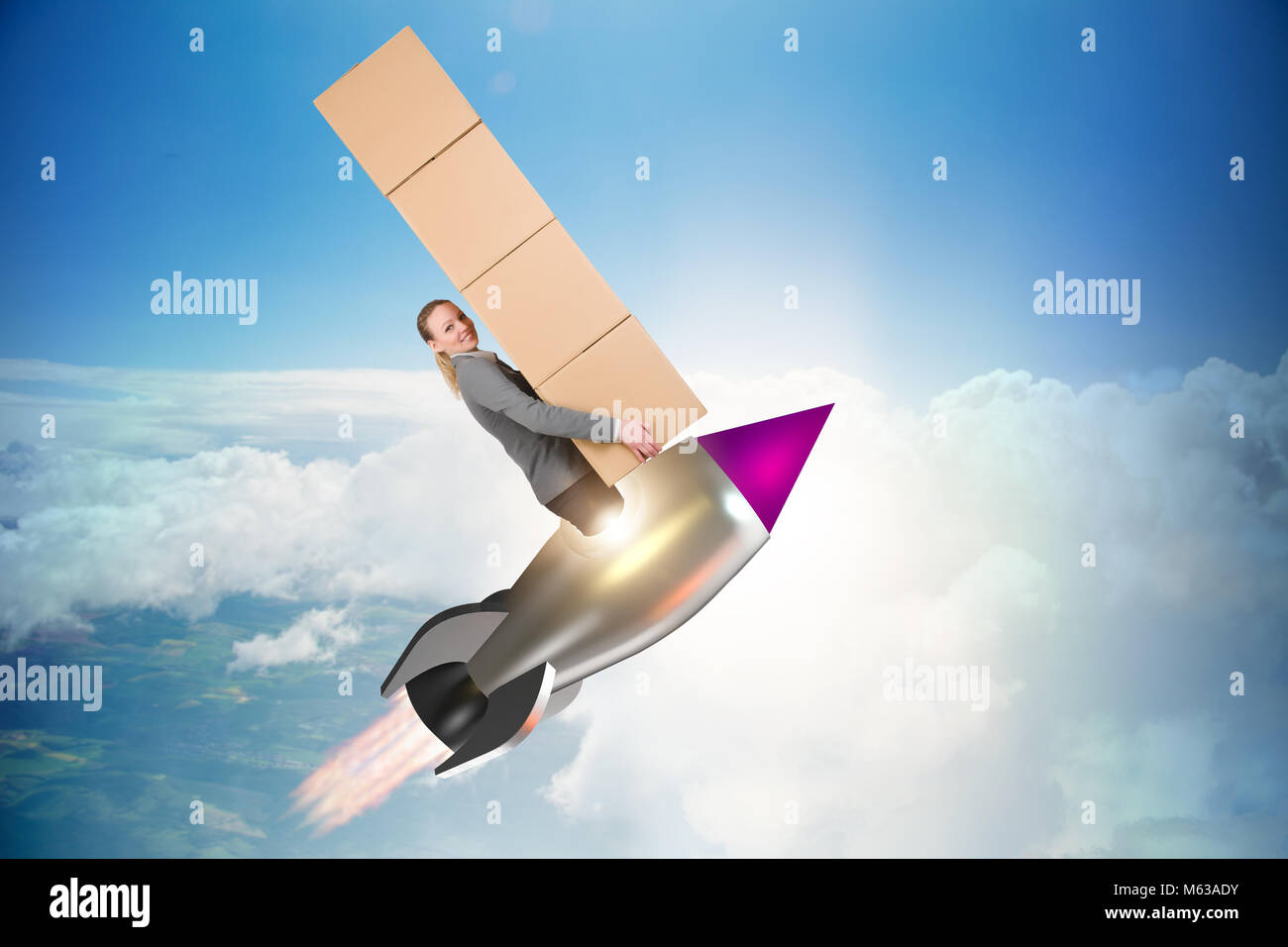 Woman flying rocket and delivering boxes Stock Photo - Alamy