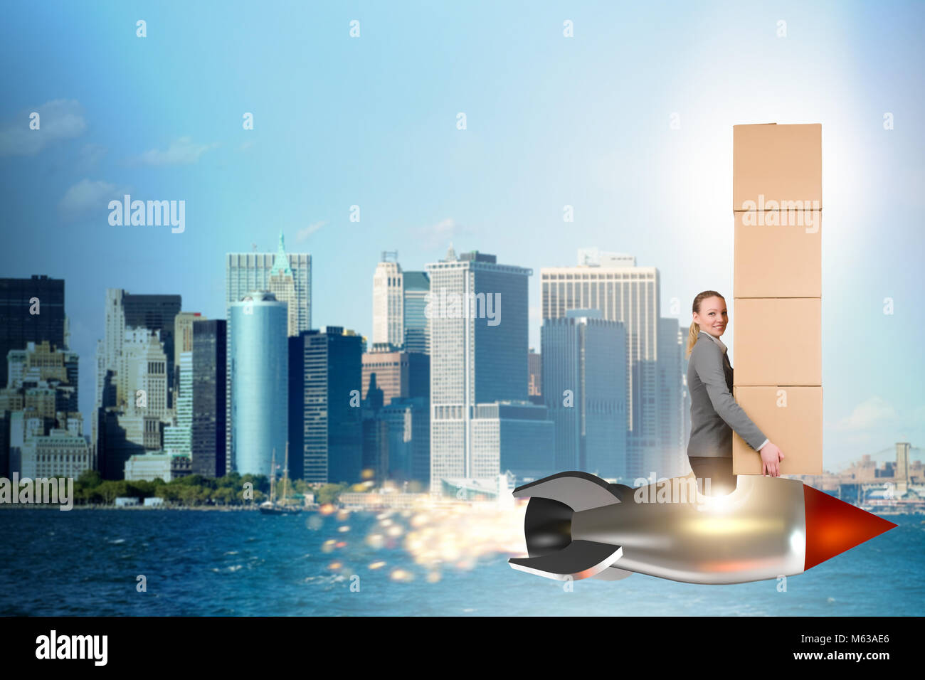 Woman flying rocket and delivering boxes Stock Photo - Alamy