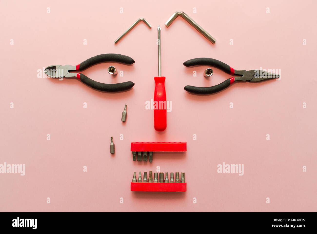 Conceptual set of tools on pink background. It looks like a woman face ...