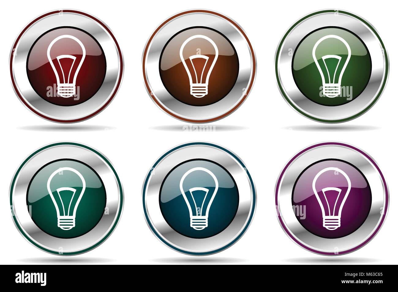 Bulb vector icon set. Silver metallic chrome border icons for web ...