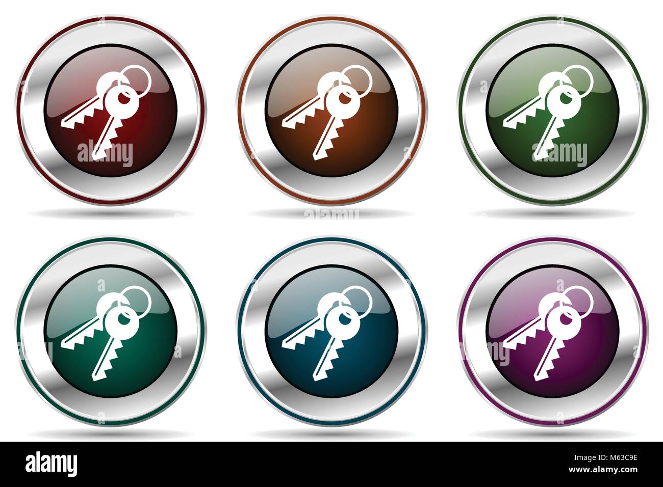 Keys vector icon set. Silver metallic chrome border icons for web ...