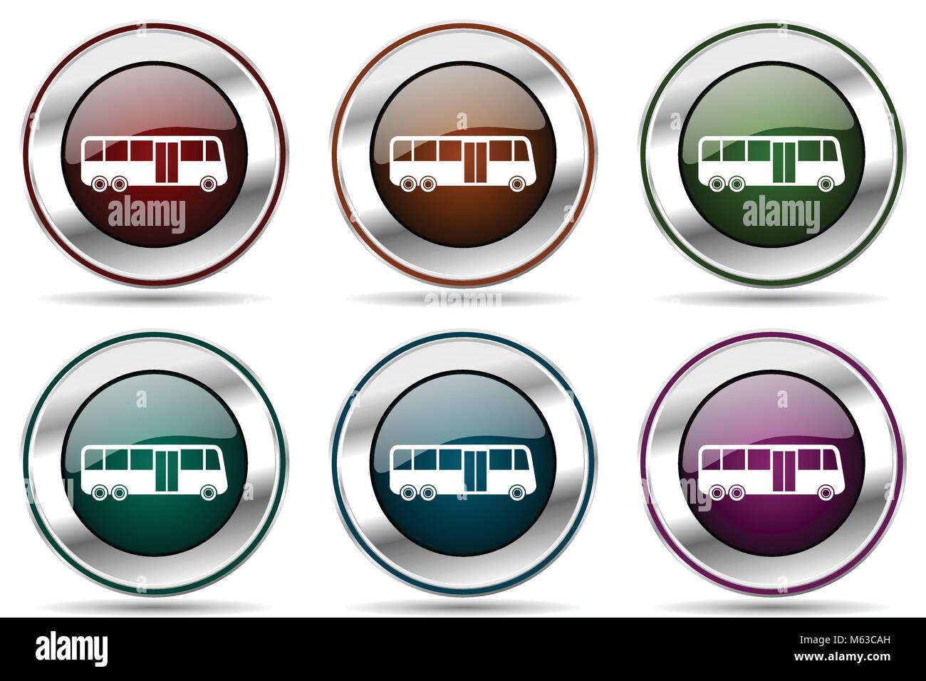 Bus vector icon set. Silver metallic chrome border icons for web design ...