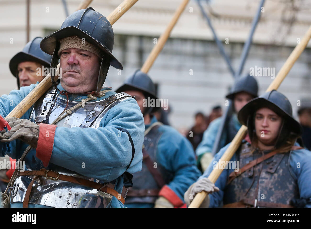 Members of King's Army of the English Civil War Society march as they ...