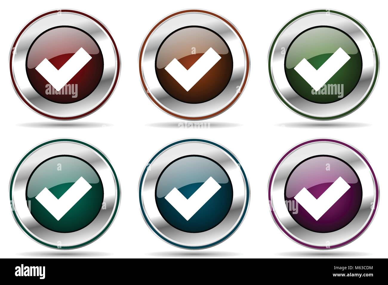 Accept vector icon set. Silver metallic chrome border icons for web design and smartphone ...
