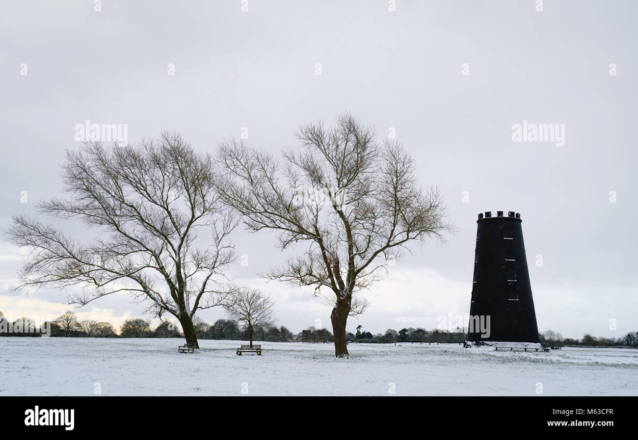 Snow over the Westwood pasture and view of the Black Monument (disused ...