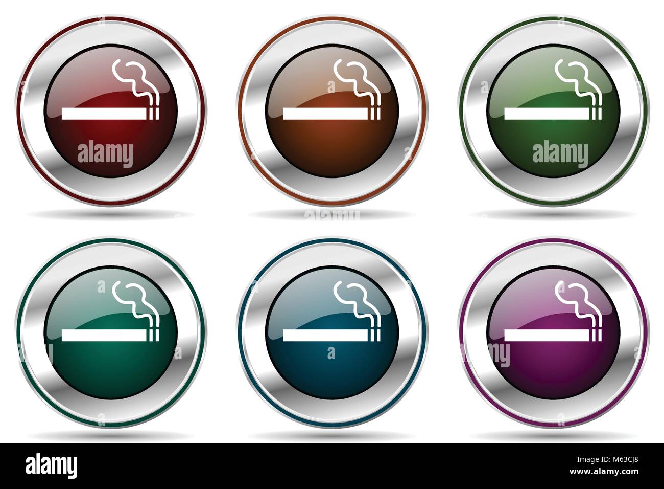 Cigarette vector icon set. Silver metallic chrome border icons for web ...