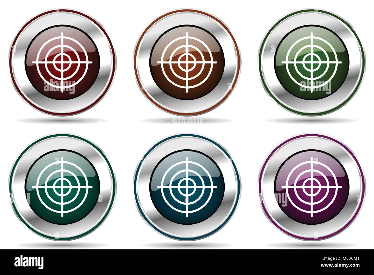 Target vector icon set. Silver metallic chrome border icons for web ...