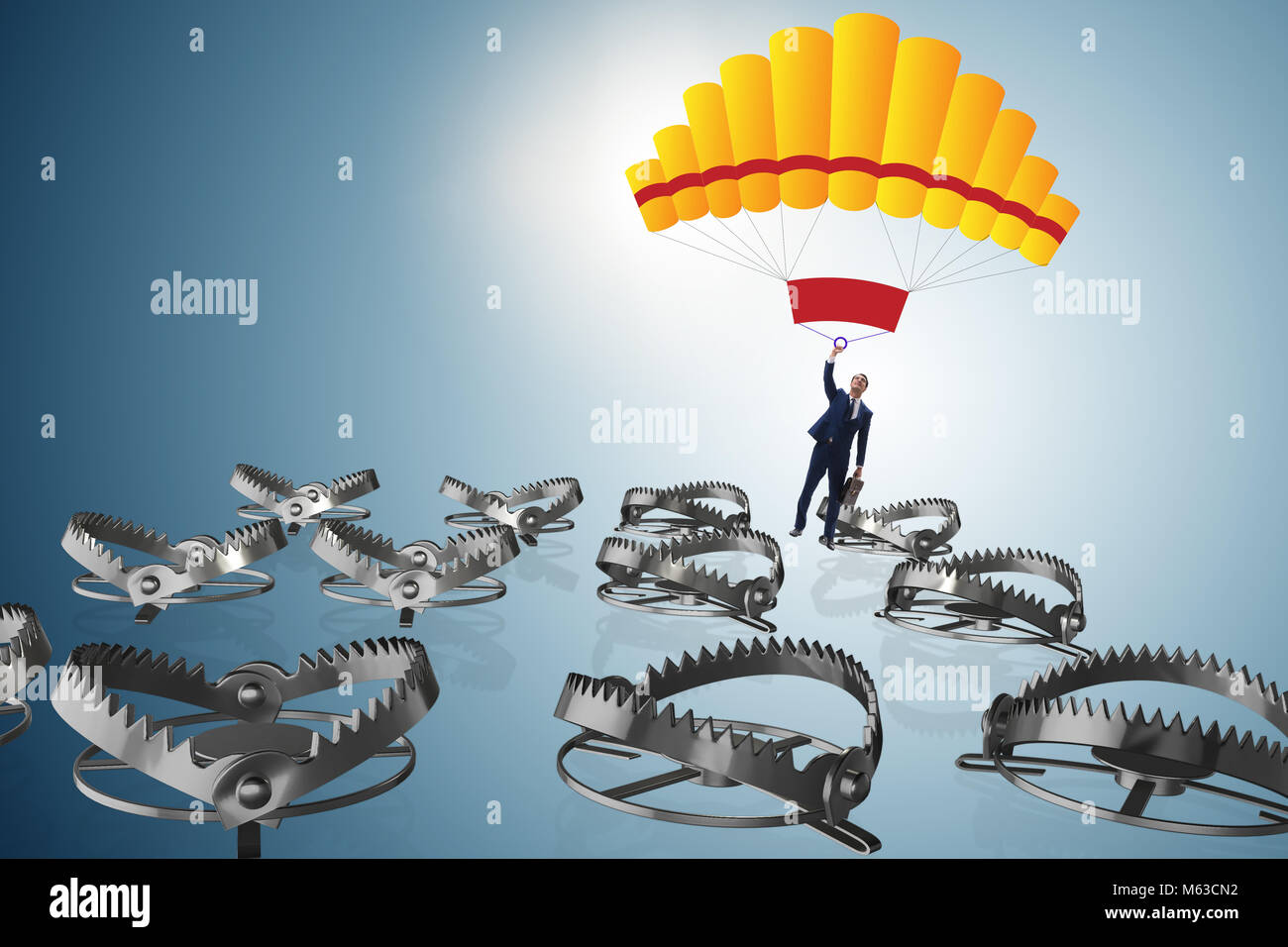 Businessman falling into trap on parachute Stock Photo - Alamy
