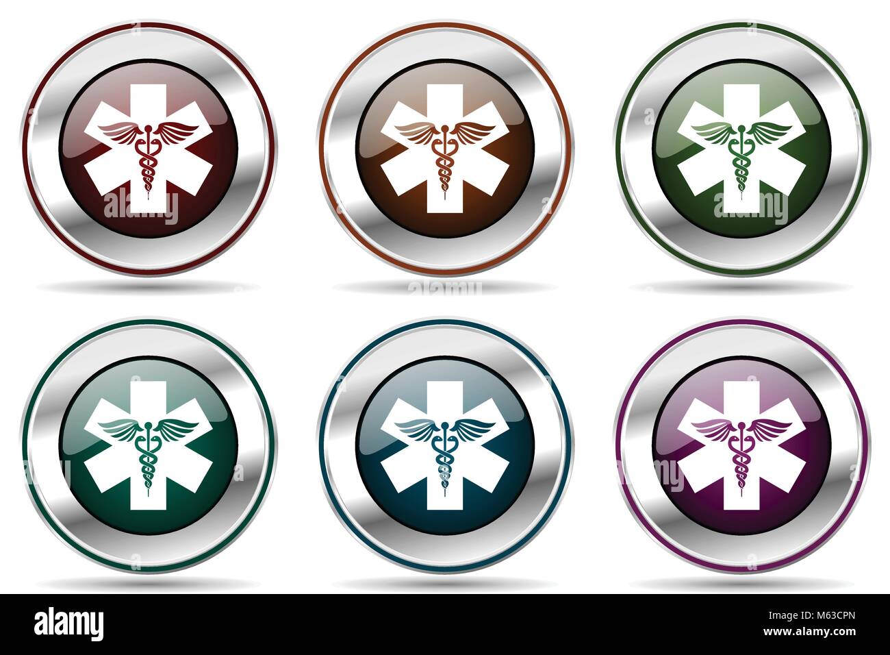 Emergency vector icon set. Silver metallic chrome border icons for web ...