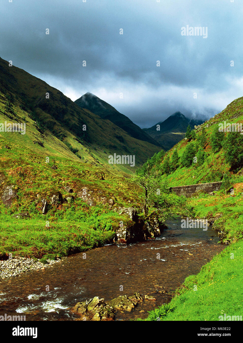 River Shiel flowing through Glen Sheil past the Five Sisters mountains ...