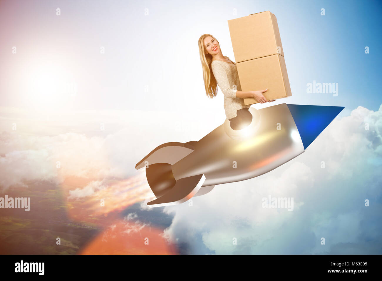 Woman in fast box delivery service on rocket Stock Photo - Alamy