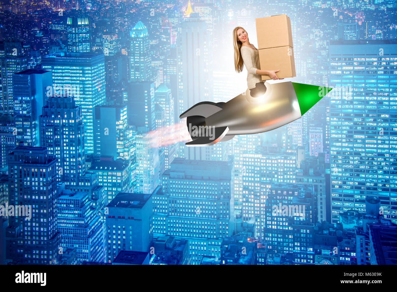 Woman in fast box delivery service on rocket Stock Photo - Alamy