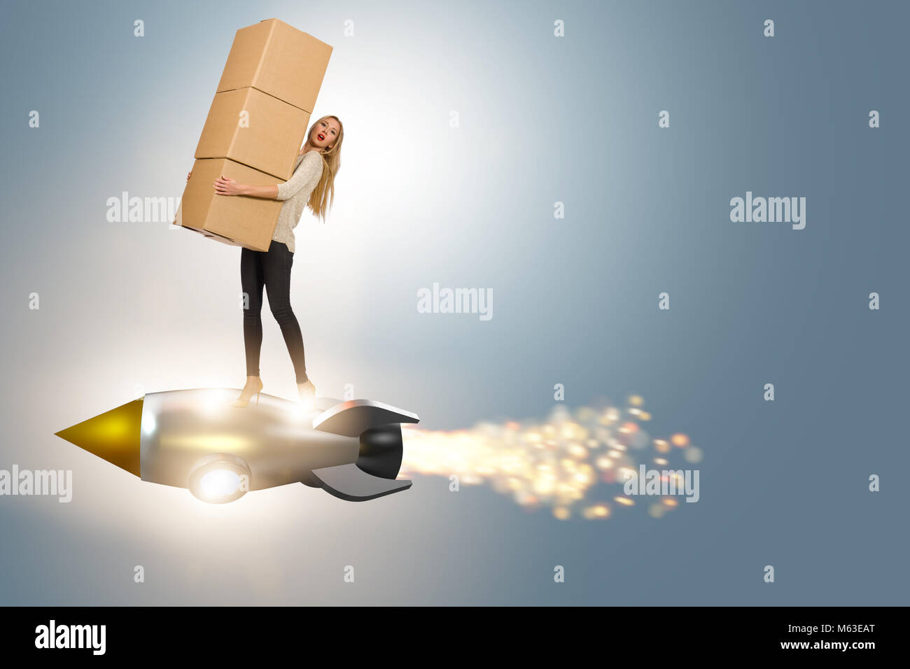 Woman in fast box delivery service on rocket Stock Photo - Alamy